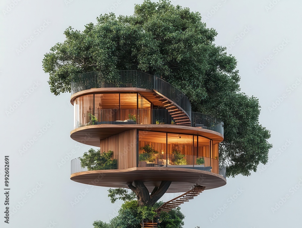 A multi-story tree house with an internal spiral staircase, connecting ...