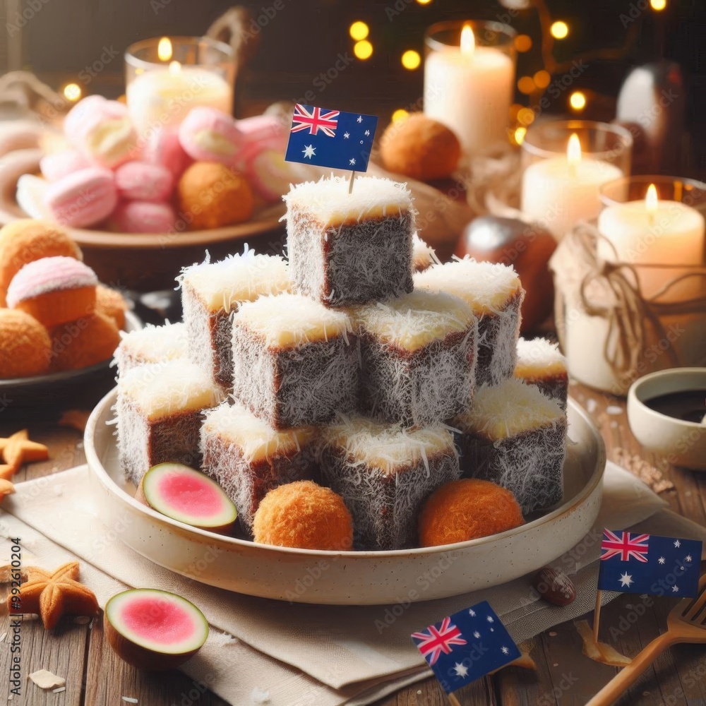 Delicious Australian Lamington cakes with coconut coating served at a ...