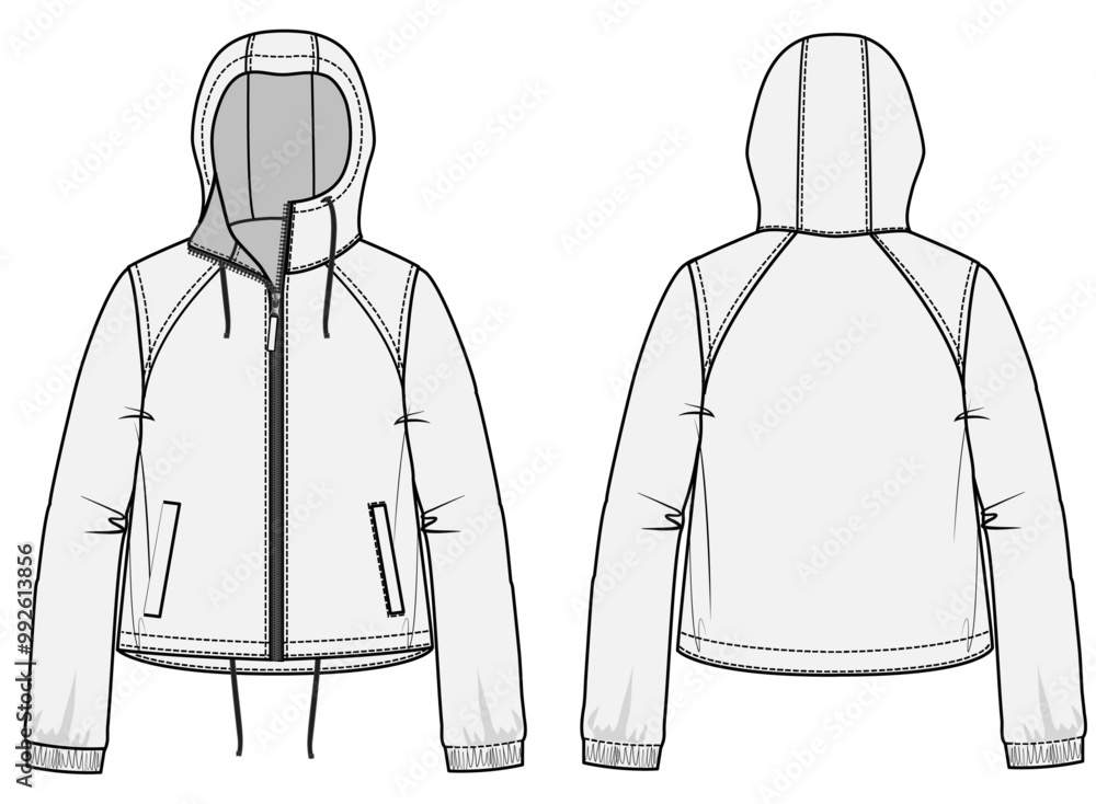 Hooded cropped jacket technical CAD fashion illustration front and back ...
