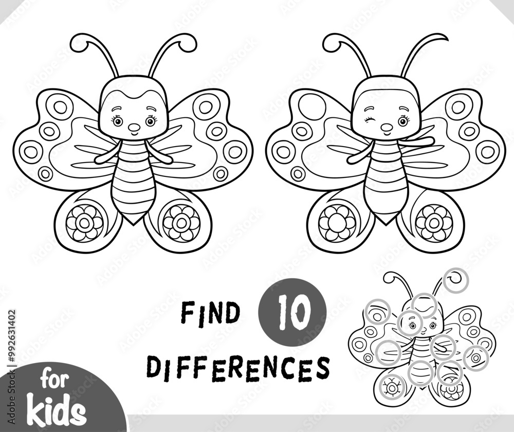 Cute cartoon Butterfly insect, Find differences educational game for ...