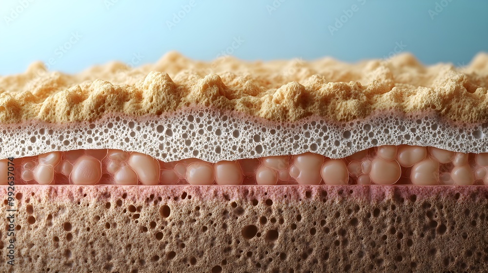 Skin cross-section during acne healing, showcasing blocked sebaceous ...