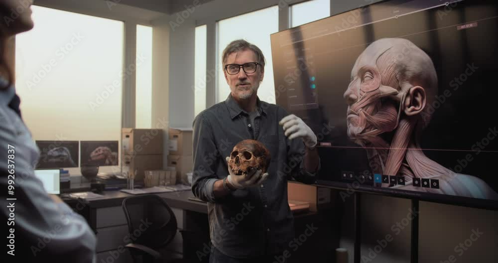 Male and female scientists or archaeologists talk, examine fossil skull ...