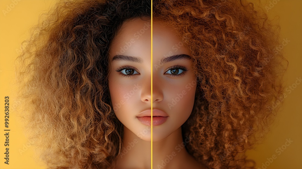 Before-and-after curly hair styling with honey treatment, showcasing ...