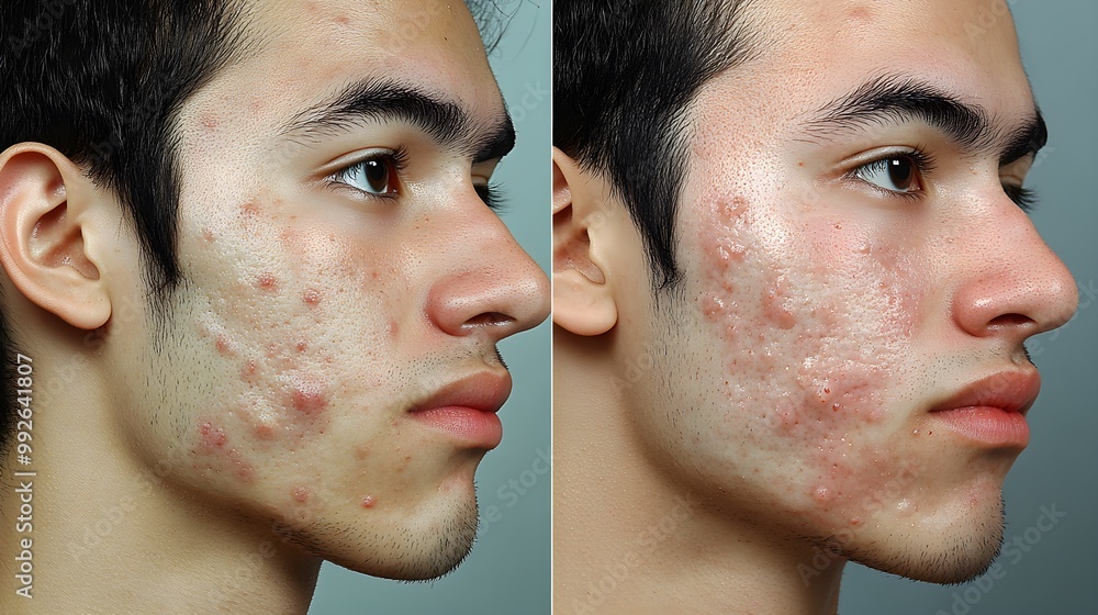 Zoomed-in acne recovery prominent inflamed pustules diminishing into ...