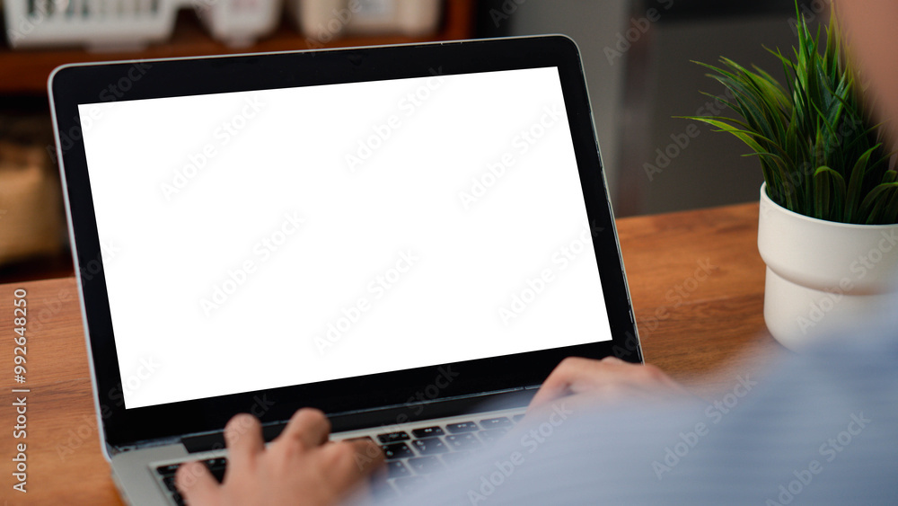 Mockup laptop computer. hand man work using laptop with white ...