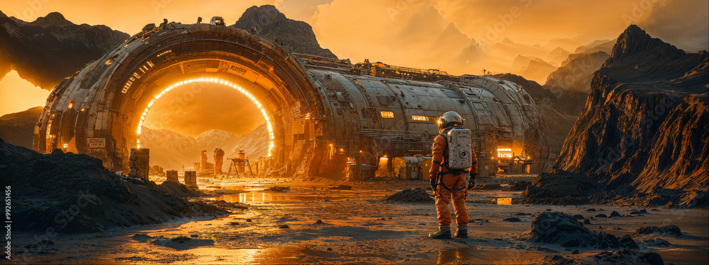 sunrise in the mountains, alien landscape and spaceship and Mars base ...