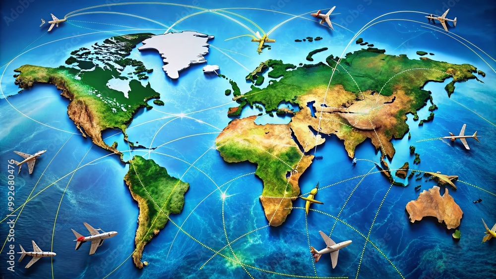 Detailed World Map with Flight Paths Indicating Global Travel Routes ...