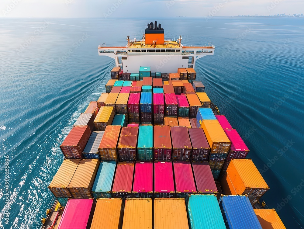 Wide view of cargo ship deck, logistics crew working, stacked ...