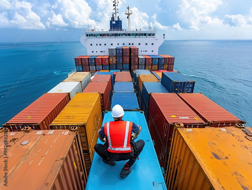 Wide view of cargo ship deck, logistics crew working, stacked ...