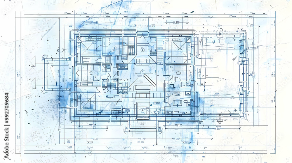 Detailed Blueprints of a Building with Grid Lines and Blue Ink Stains ...