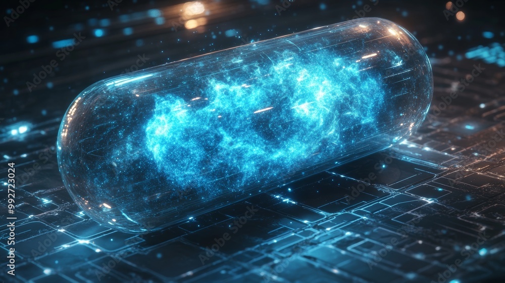 Nebula swirling inside a clear capsule, floating over a high-tech ...