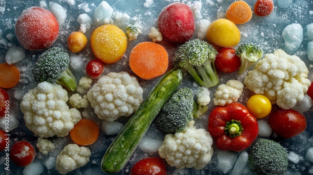 Assorted frozen vegetables scattered on a frosted surface, icy crystals ...