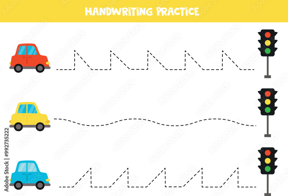 Tracing lines for kids. Cartoon colourful cars and traffic lights ...