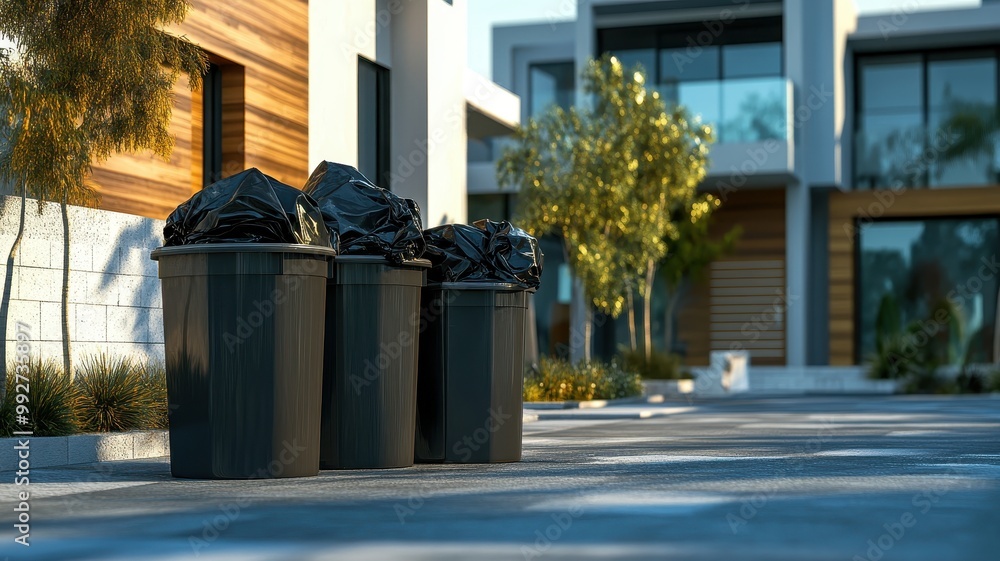 Many garbage bags and full waste bin at clean modern house, waste ...