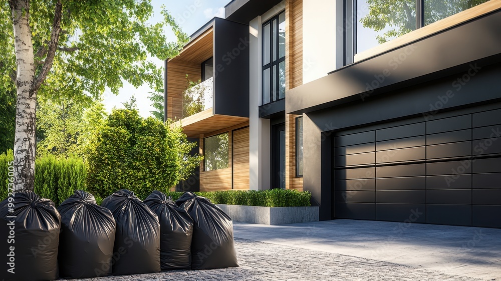 Many garbage bags and full waste bin at clean modern house, waste ...