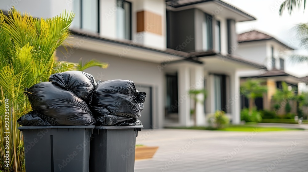 Many garbage bags and full waste bin at clean modern house, waste ...