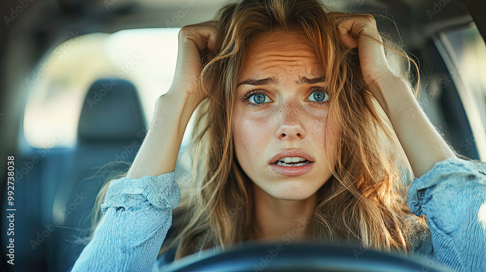 Nervous lady driver with worried expression afraid to drive car by ...