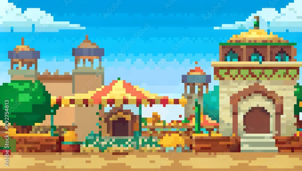 Arabian bazaar during daytime pixel art background. 8-bit game assets ...
