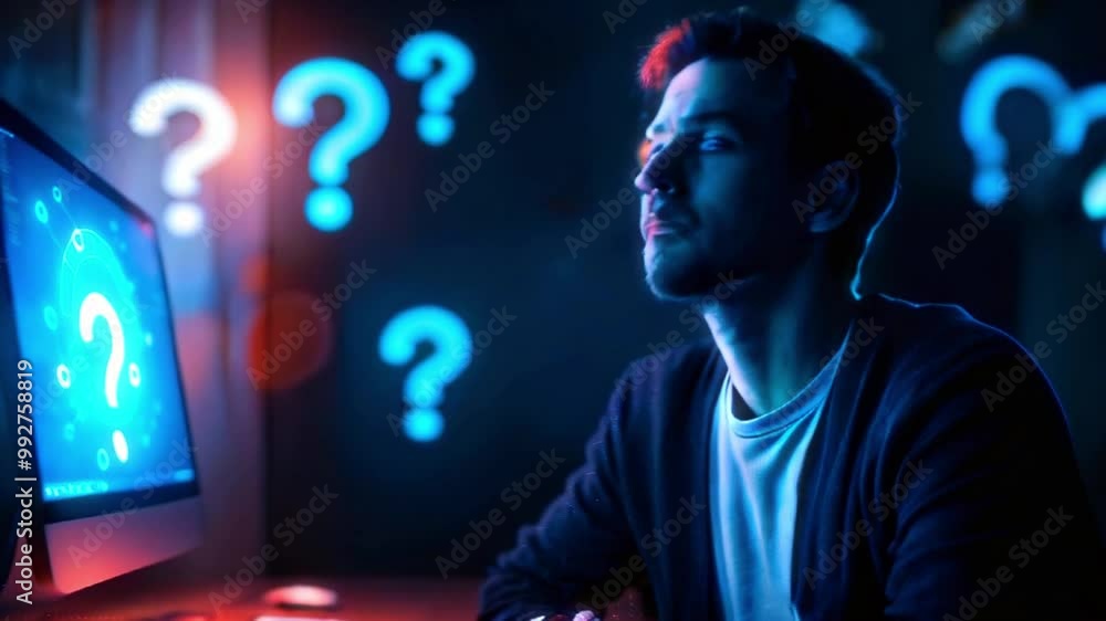 A man looks thoughtfully at his computer screen, which displays a large ...