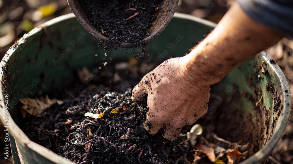 A close-up of biochar being added to a worm composting system ...