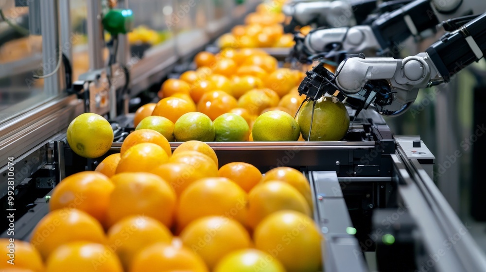 A close-up of robotic arms sorting and packaging fruits in a high-tech ...