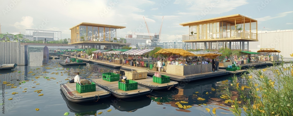 Architectural plan for a floating market, designed with modular vendor ...