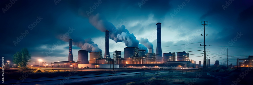 massive industrial power plant with towering smokestacks and electrical ...