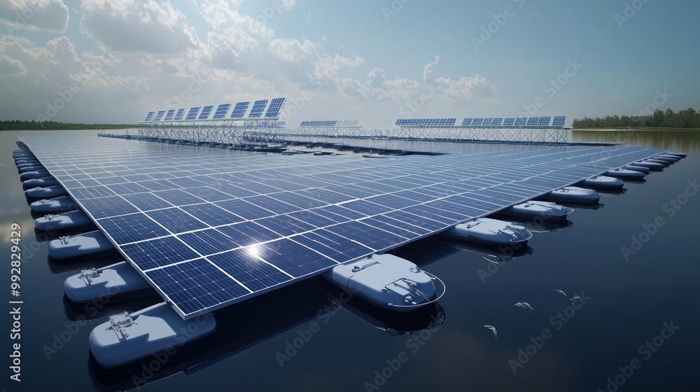 Architectural plan of a floating solar farm, detailing anchoring ...