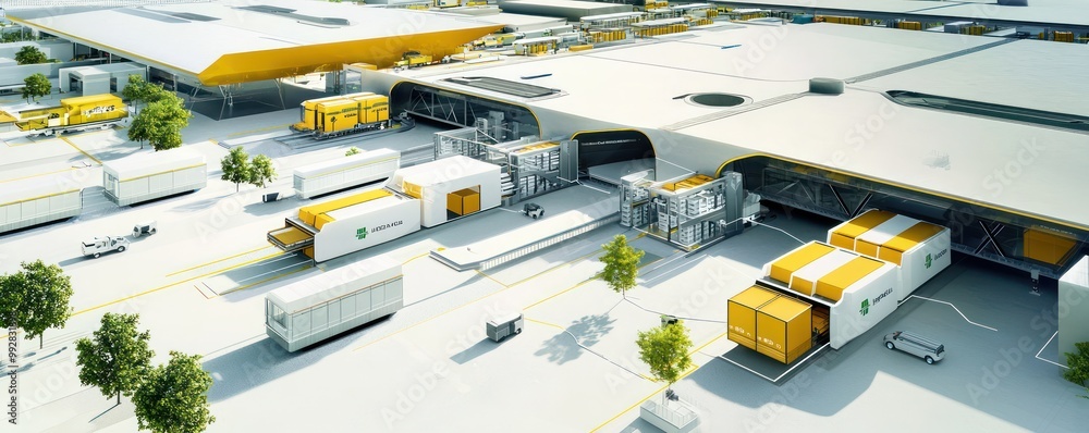 Architectural plan of a smart logistics hub, integrating AI-driven ...