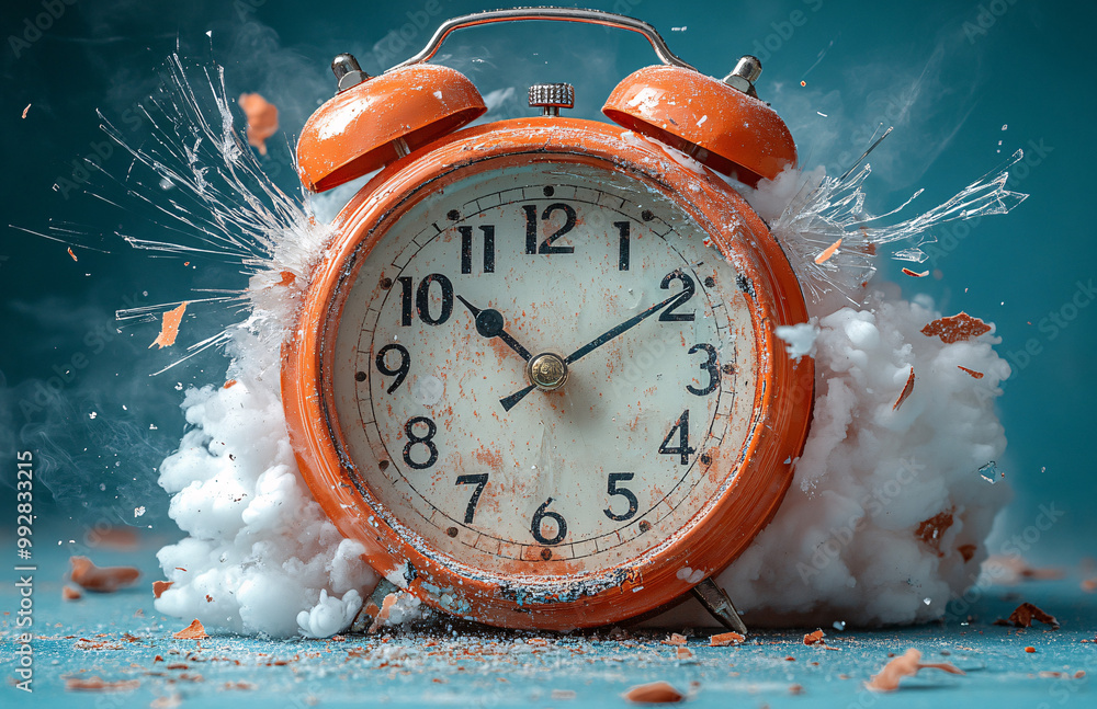 Red vintage alarm clock shattering dramatically with explosive bursts ...