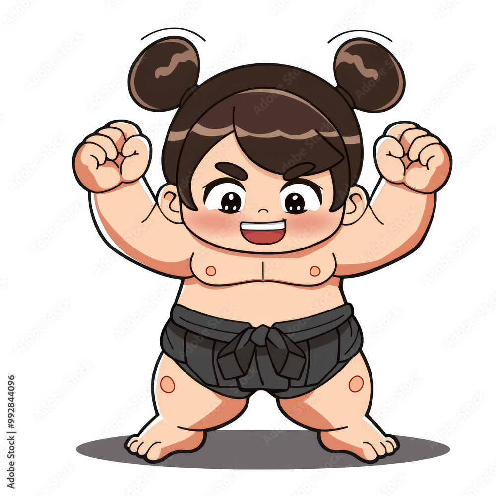 A happy, chubby, cartoon sumo wrestler with black hair in a bun ...