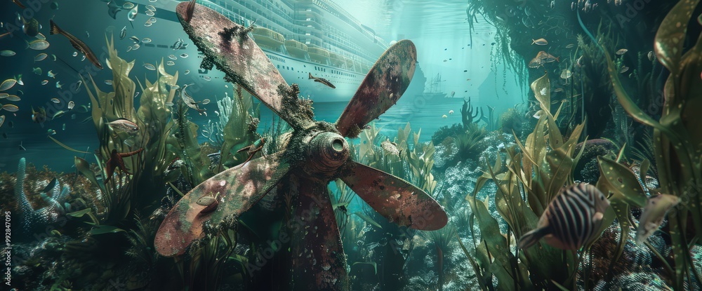 Overgrown cruise ship propeller entangled in sea plants, with diverse ...