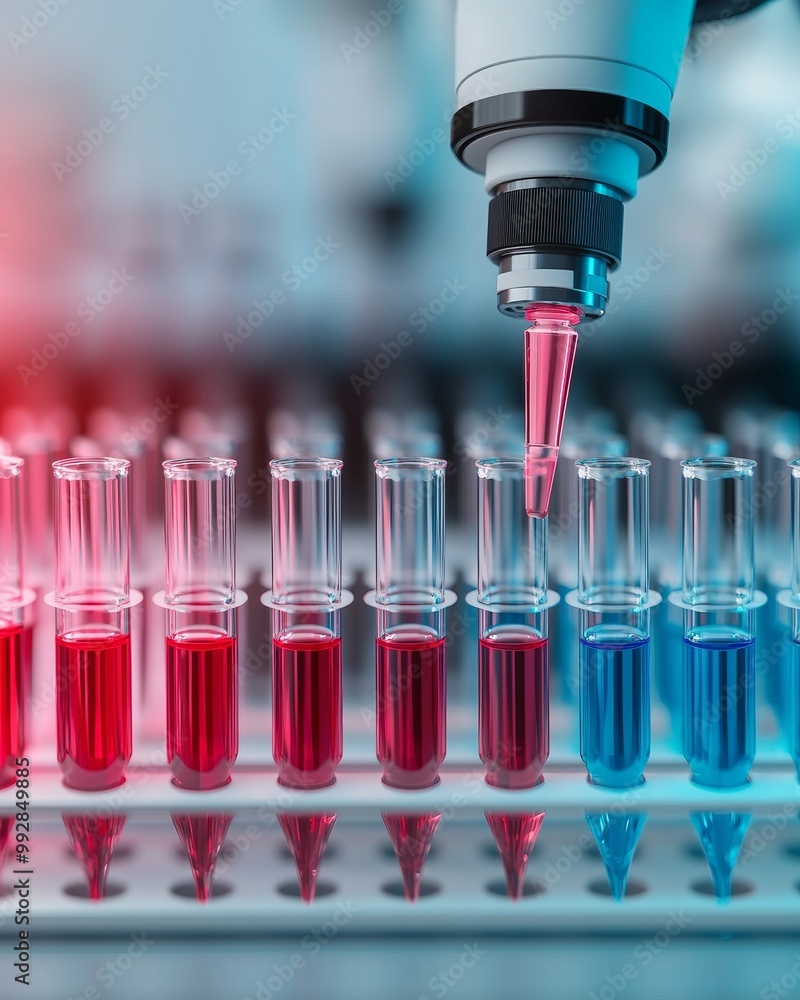 Pipette dispensing liquid into test tubes filled with red and blue ...