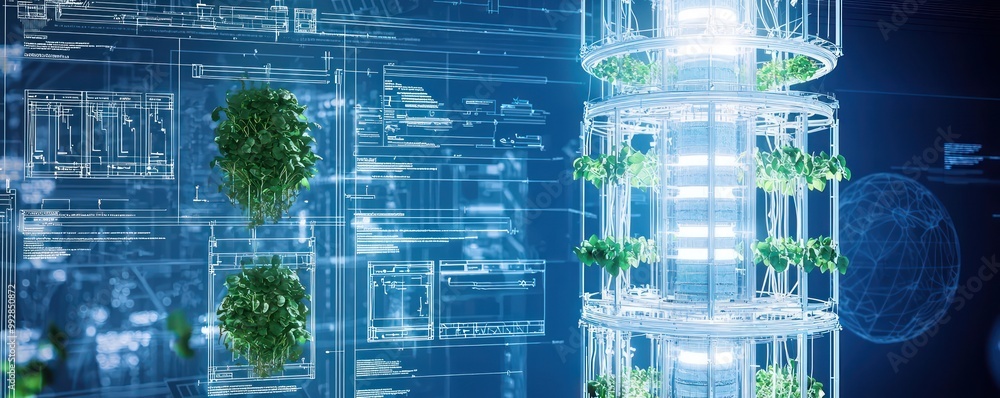 Blueprint of an automated vertical farming tower, detailing hydroponic ...