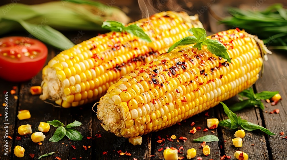 Grilled corn on the cob with butter and chili flakes, served on a ...