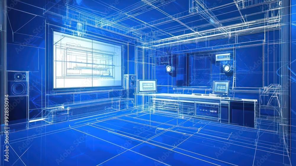 Blueprint of a digital media broadcasting studio, detailing sound ...