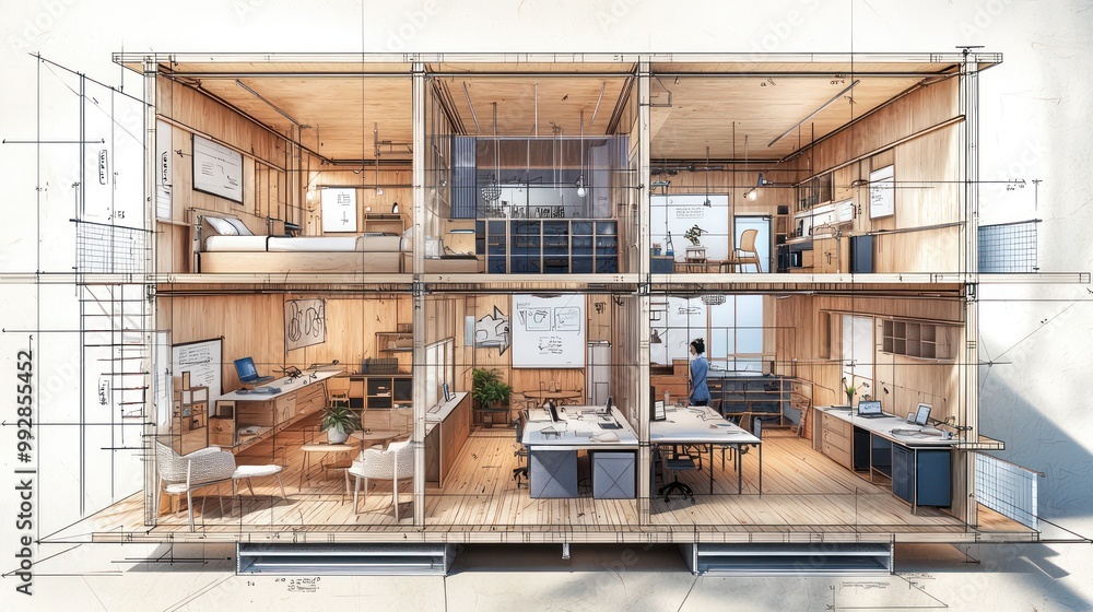 Blueprint of a digital nomad co-living space, with communal working ...