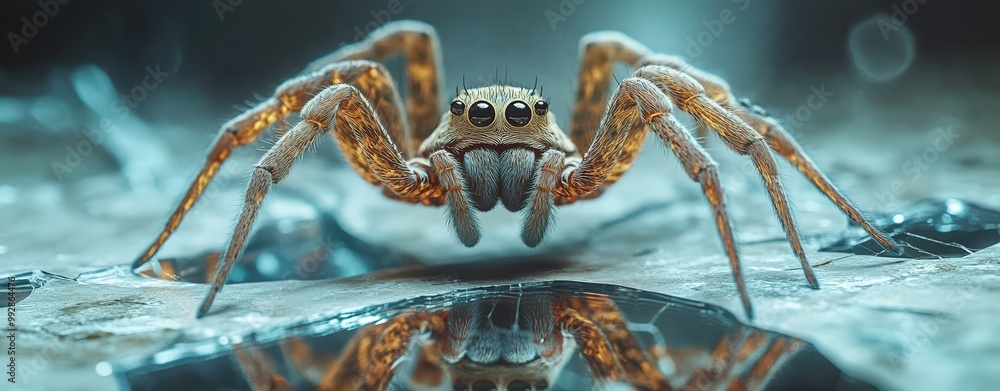 Spider crawling across a broken mirror, eerie reflection, 3D Render ...