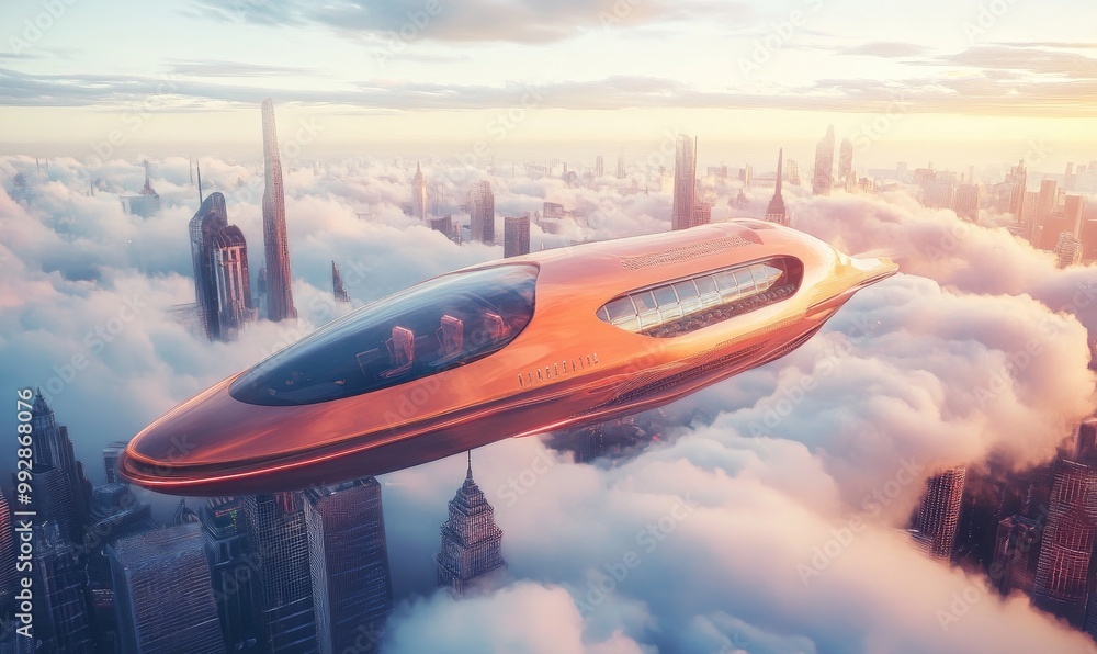 Futuristic flying passenger train soaring above a cloud city A ...