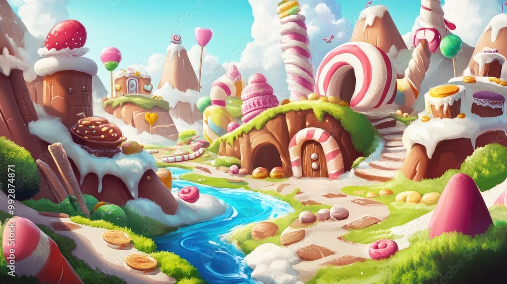 Candy themed game interface design featuring a whimsical 2D menu layout ...