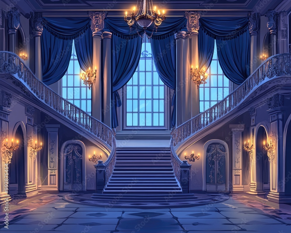 Fantasy castle hall interior featuring a grand ballroom with columns ...