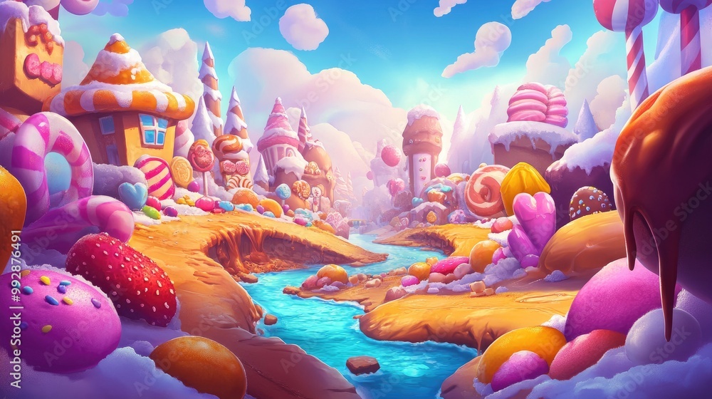 Candy themed game interface design featuring a whimsical 2D menu layout ...