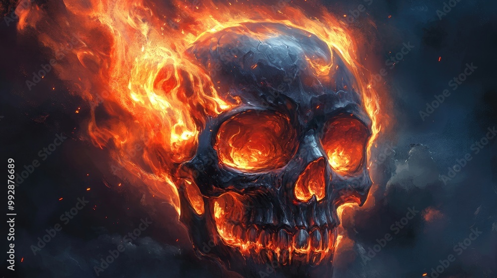 A striking and moody 2D cartoon illustration of a flaming skull ...