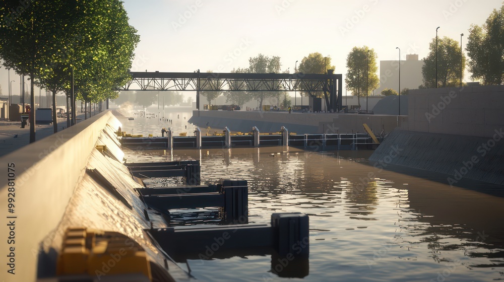 Detailed image of a flood control system being installed in a river ...