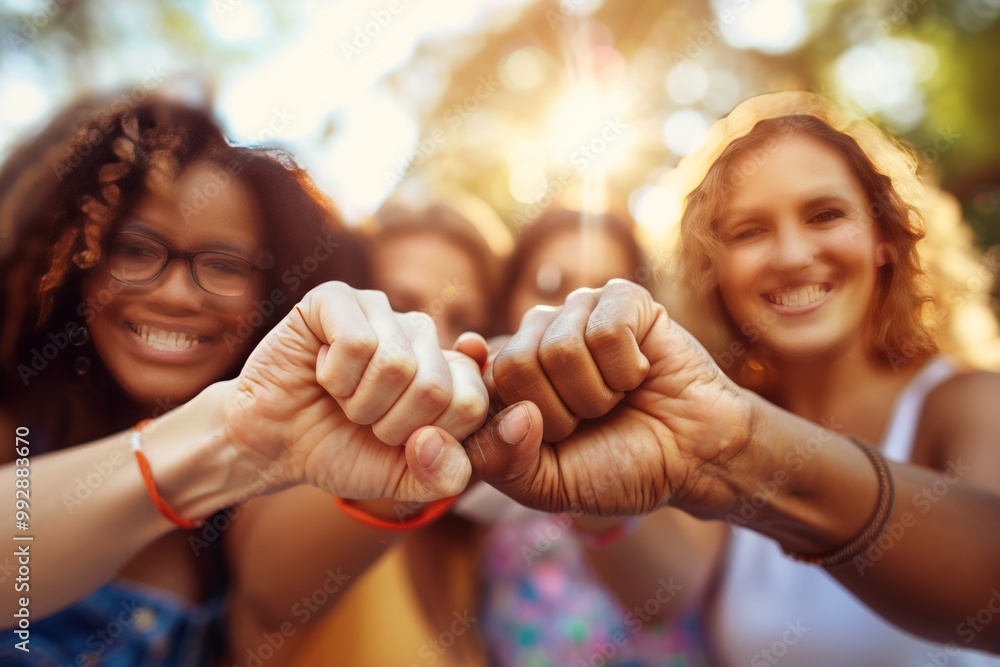 A group of people form a circle with their hands, fist bumping each ...