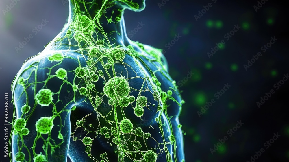 Illustration of the human lymphatic system, showing lymph nodes and ...