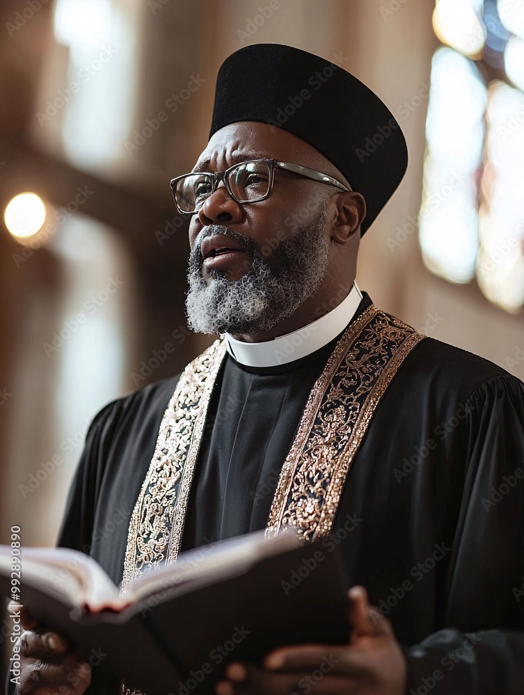 A minister in classic robes passionately conveys a message that ...