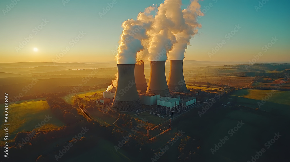 Aerial View of a Modern Nuclear Power Plant with Cooling Towers ...
