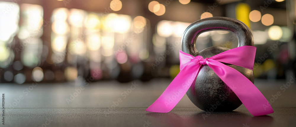 kettlebell with a pink ribbon tied around its handle, placed on the ...