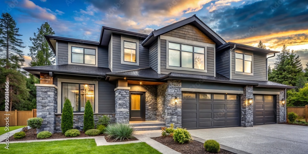 Elegant Gray Siding with Stone Accents on a Modern Home Exterior Design ...